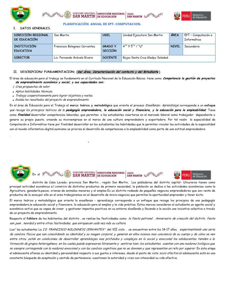 Planificacion Anual Ept - Ciclo Vii 4°-5°-Fbc 2024 | PDF | Aprendizaje | Iniciativa empresarial