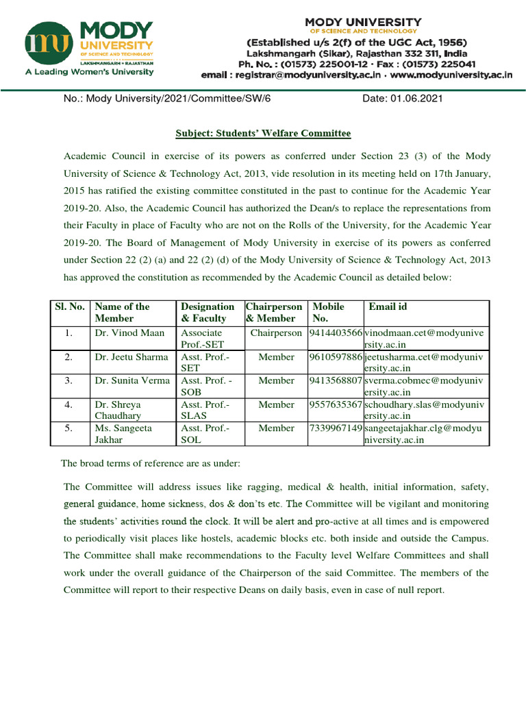 Students' Welfare Committee Overview | PDF | Government