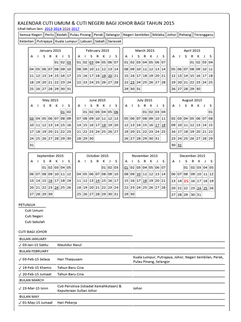 Kalendar Cuti Umum & Cuti Negeri Bagi Johor Tahun 2015 | PDF