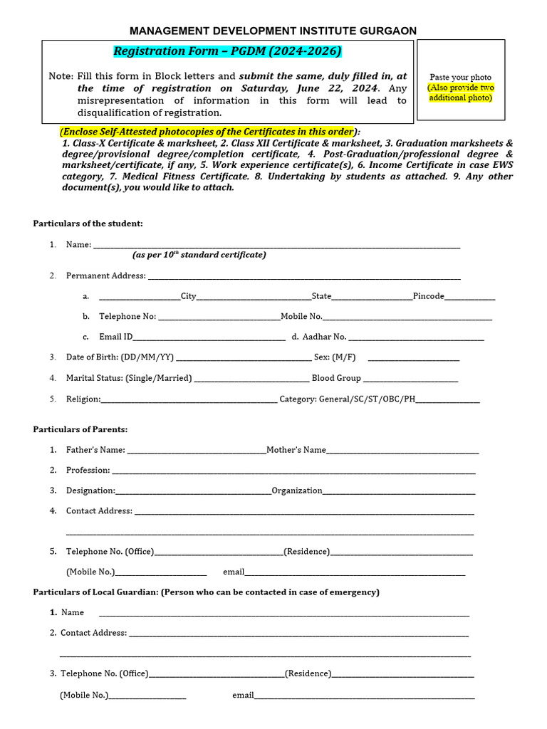 Registration Form PGDM - 2024-26 | PDF | Mental Disorder | Fee