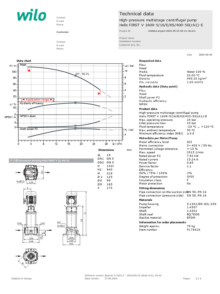 Data Sheet Helix FIRST V 1609-5 16 E KS 400-50 (ck1) - E | PDF | Pump ...