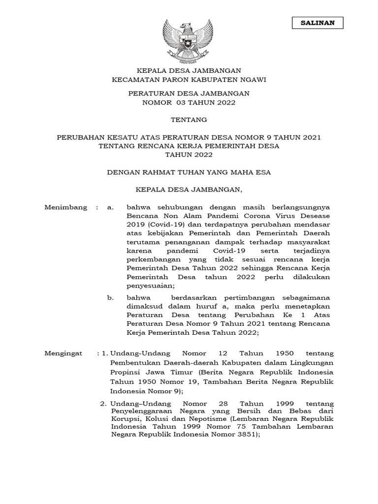 Perdes Nomor 3 Tahun 2022 Perubahan RKP Desa Tahun 2022 4atozl 03 Salinan Perdes RKP Desa ...