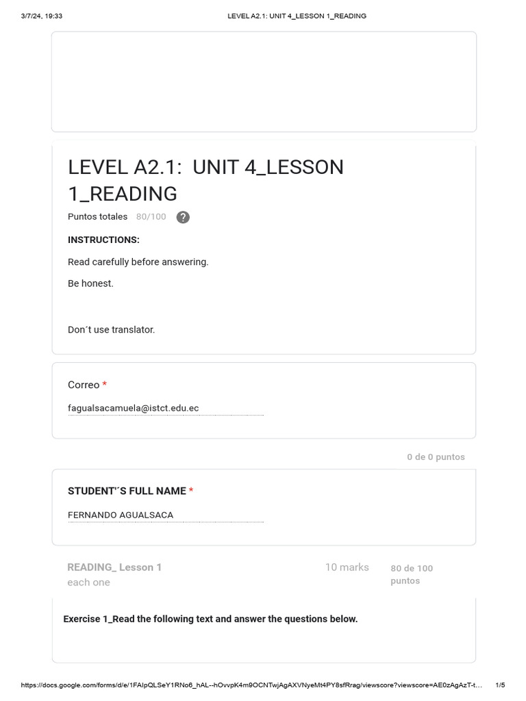 Level A2.1 - Unit 4 - Lesson 1 - Reading | PDF