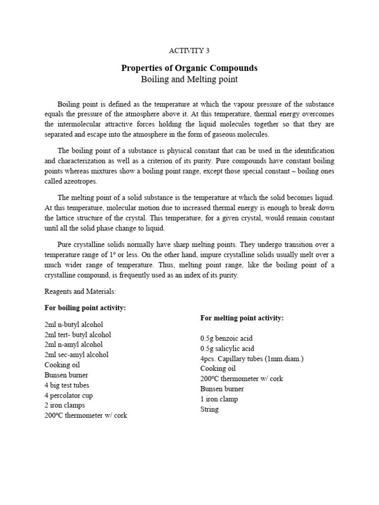 Activity 3 - Properties of Organic Compounds (Boiling and Melting Point ...