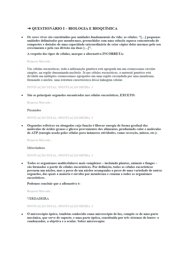 Questionário sobre Células e Organelas | PDF | Célula (Biologia ...