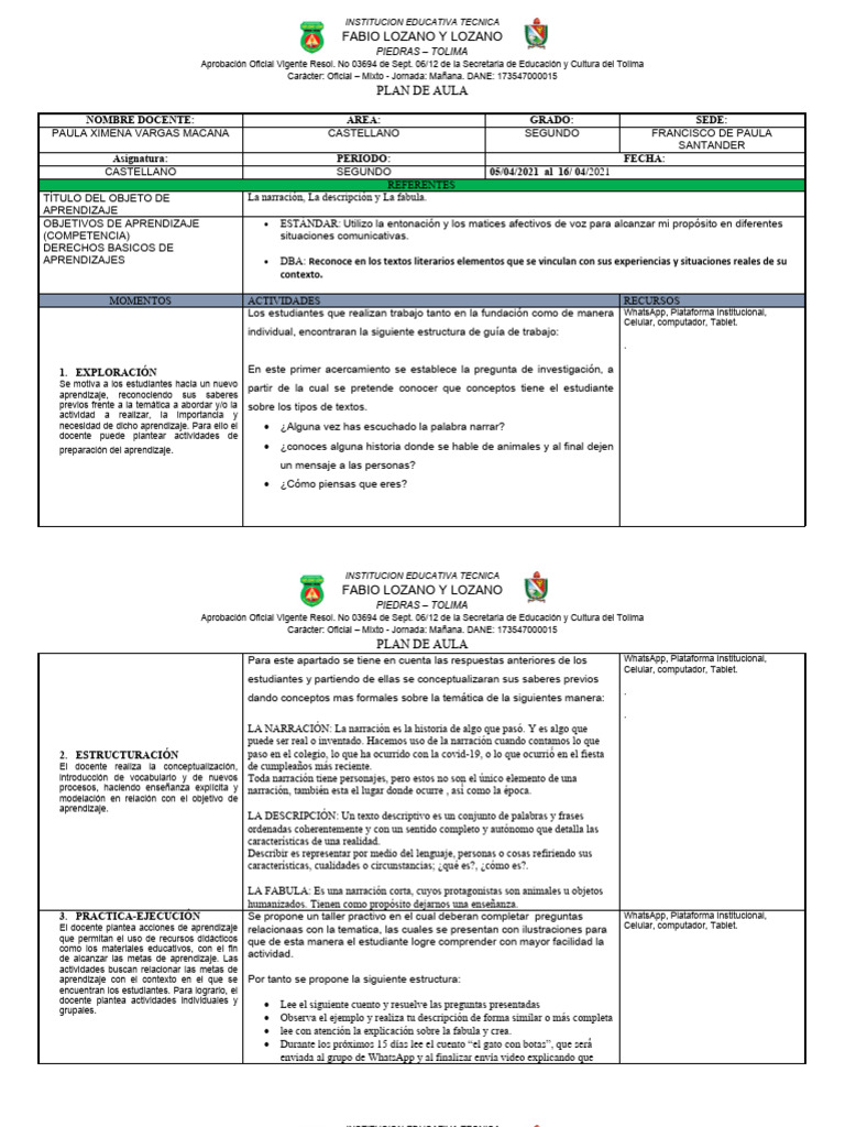 PAU - Castellano - 2º - Abril 05 Al 16 Del 2021 | PDF | Maestros ...