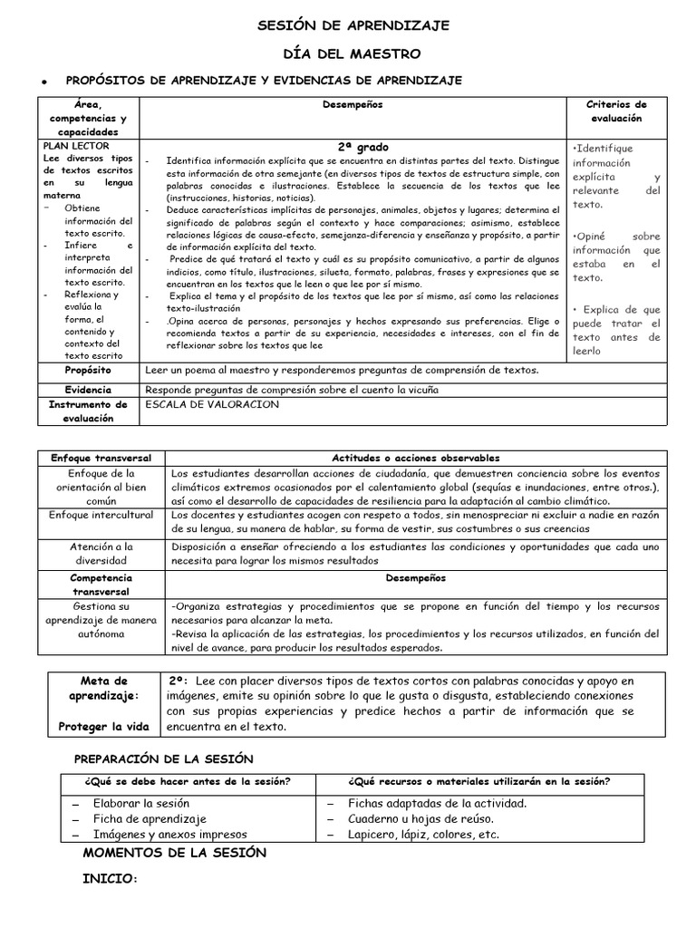 2º U4 S3 SESION D4 PLAN LECTOR DIA DEL MAESTRO | PDF | Aprendizaje ...