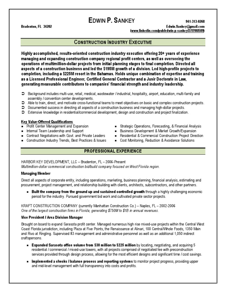 Vice President Construction in Tampa FL Resume Edwin Sankey | Engineer ...