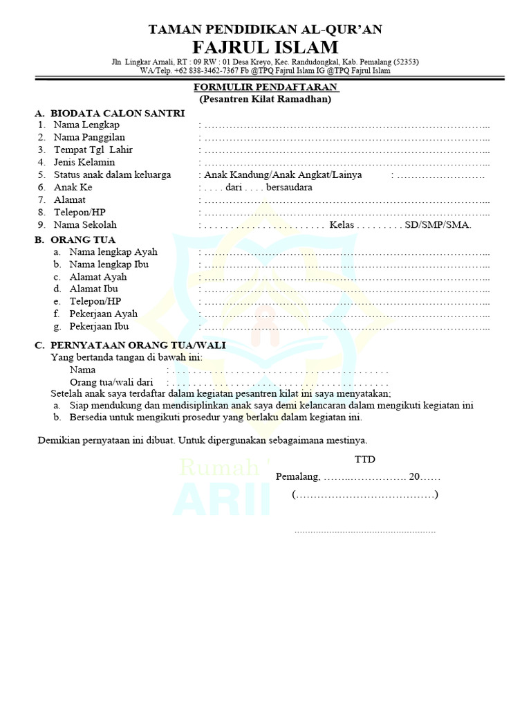 Form Pendaftaran TPQ Fajrul Islam Program Tahsin Tahfidz | PDF