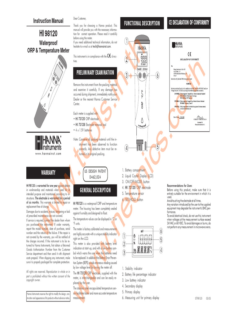 Manual-HI98120 Hanna ORP Meter | PDF | Ph | Parts Per Notation