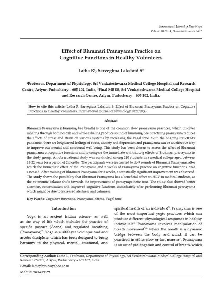 Bhramari Pranayama Practice On Cognitive | PDF | Cognition | Neuroscience