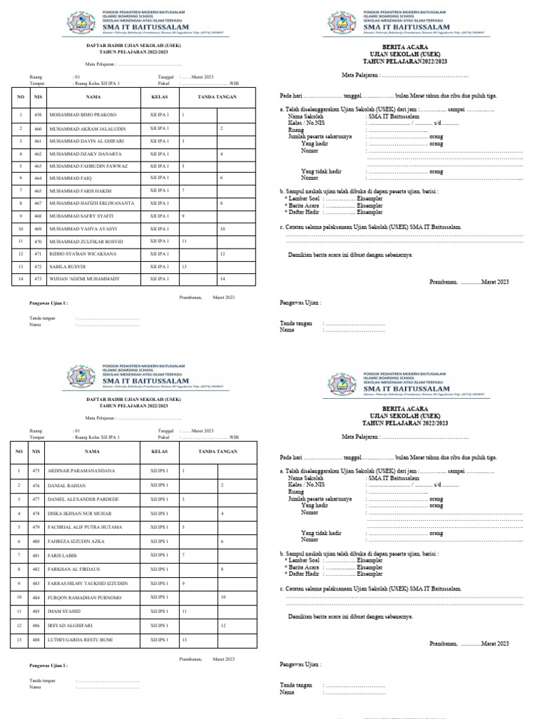 Berita Acara Dan Presensi Siswa Usek 2023 Kelas Ikhwan Pdf