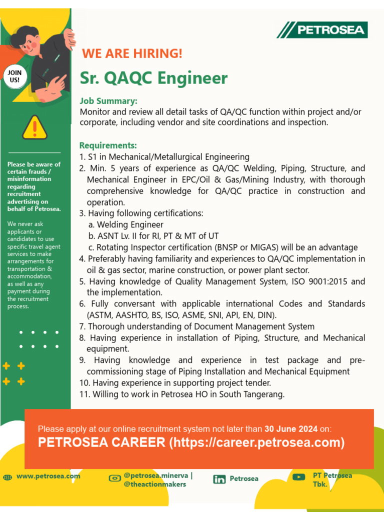Sr. QAQC Engineer To Be Placed at Petrosea HO | PDF | Recruitment | Engineering