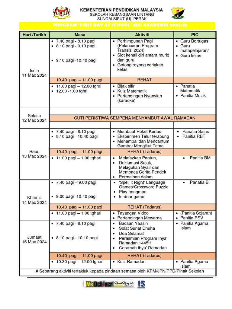 Jadual Program Minggu Pertama Pesrsekolahan Sk Lintang 2024 Pdf