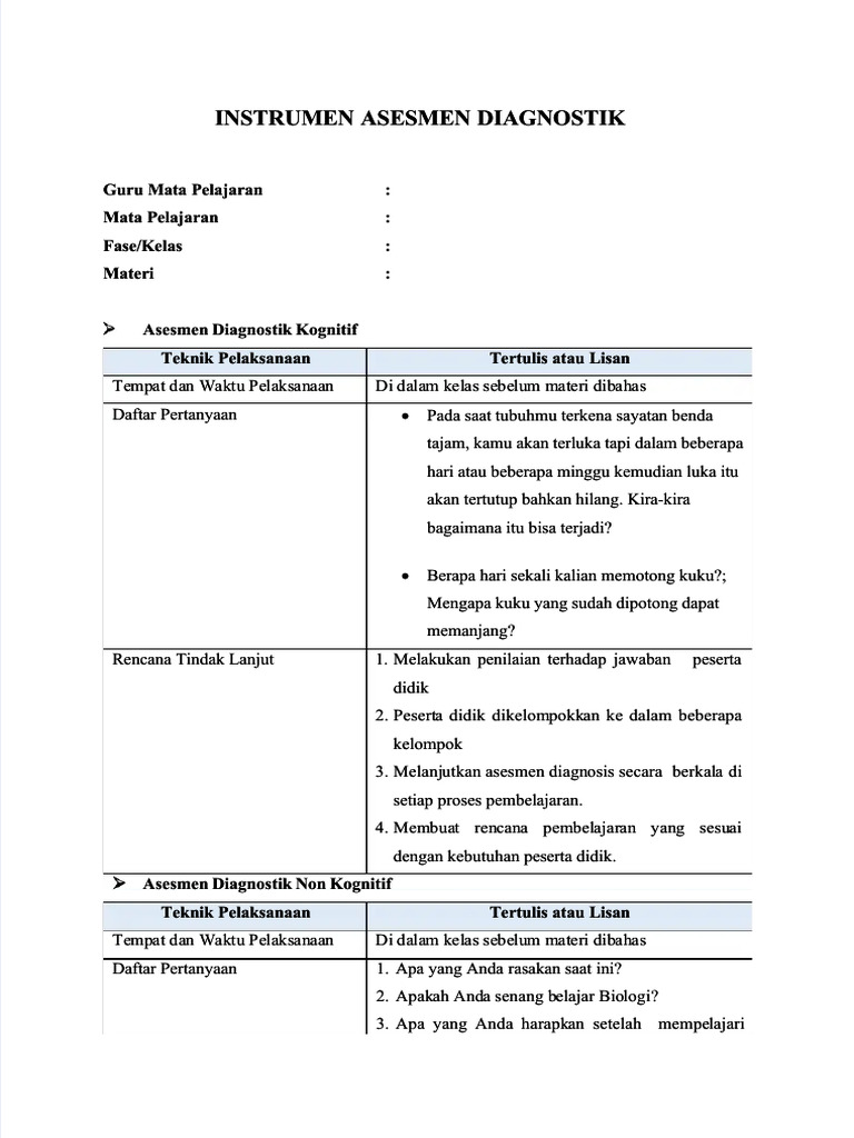Contoh Instrumen Asesmen Diagnostik | PDF