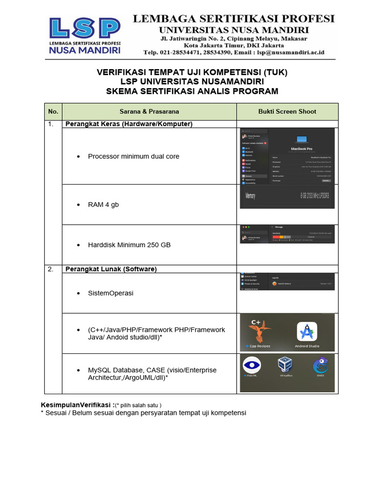 Lembar Verifikasi TUK Skema Analis Program Untuk Asesi | PDF