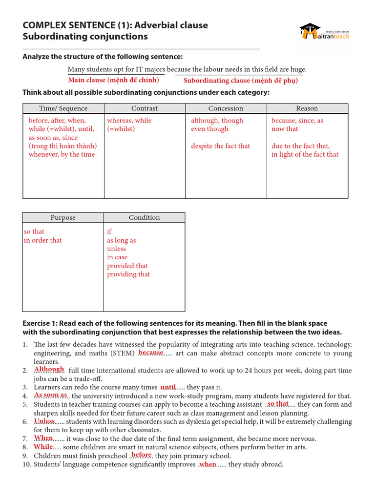 Syllabus 3 - Complex Sentence - Adverbial Clause - KEYS | PDF ...