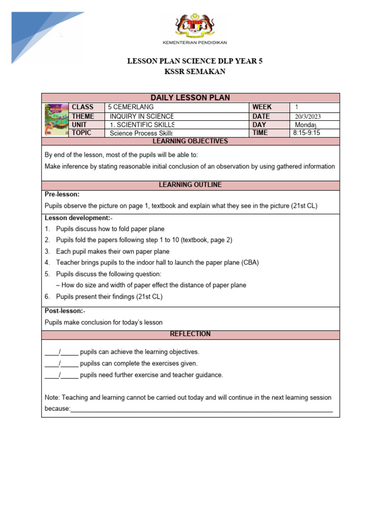 RPH SN DLP THN 5 NEW (Unit 1) | PDF | Lesson Plan | Science