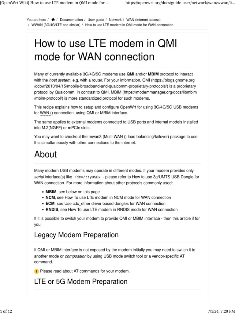 (OpenWrt Wiki) How To Use LTE Modem in QMI Mode For WAN Connection | PDF | Ip Address | Modem