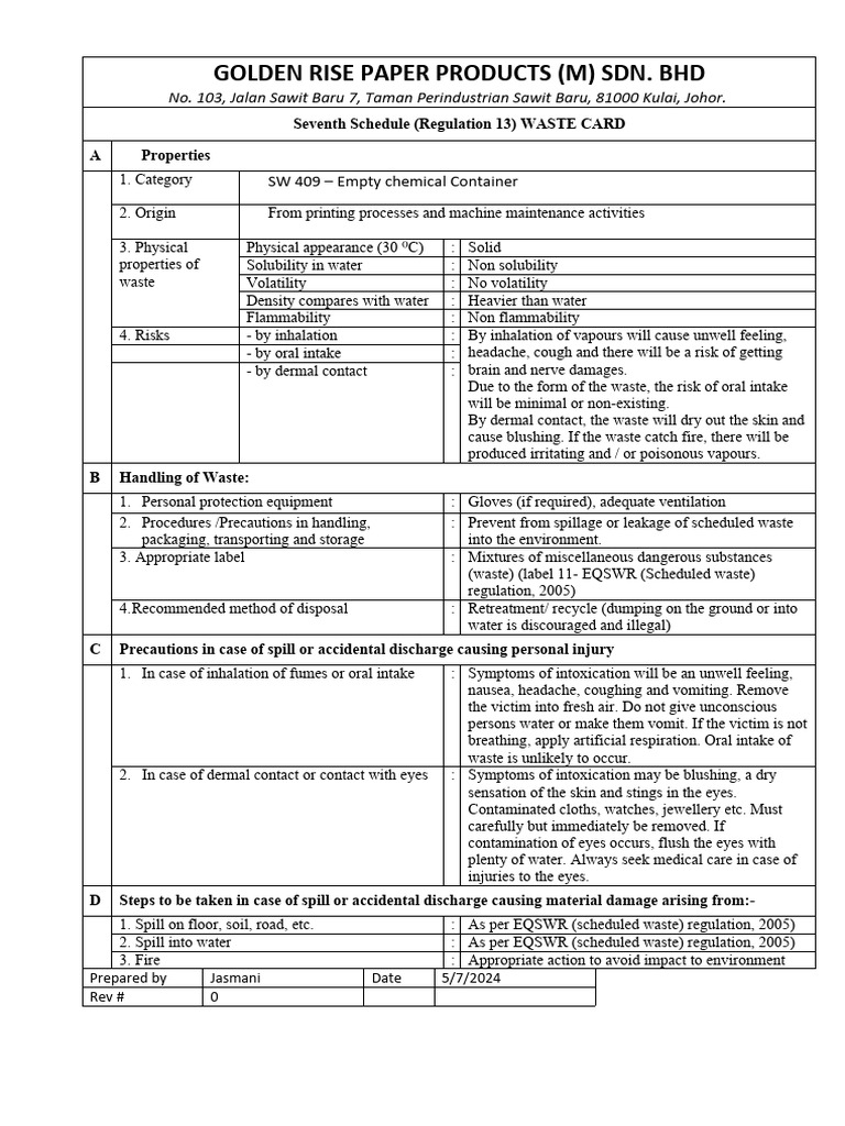 SW409 Waste Card | Download Free PDF | Waste | Water