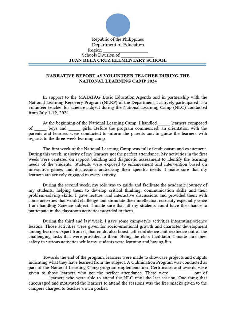 NLC Narrative Report Tempplate | PDF | Learning | Teachers