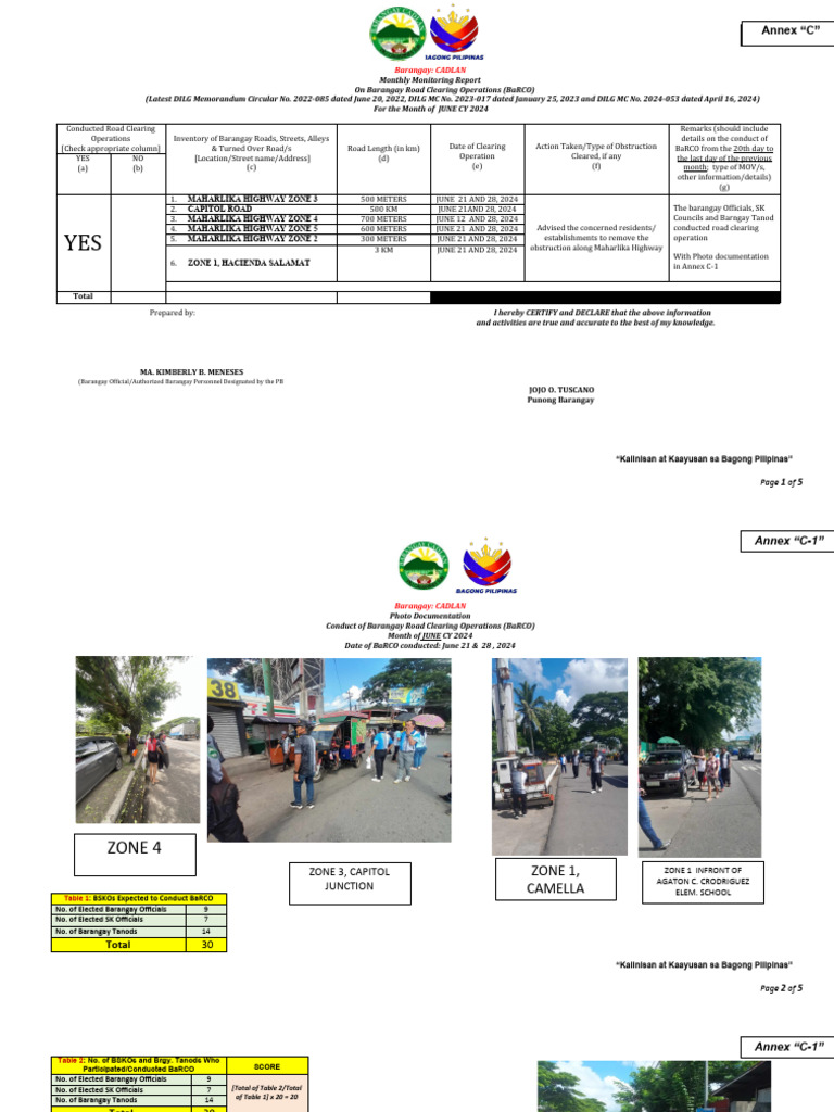 Annex C 1 - Photo Documentation - Barangay BaRCO Monthly Monitoring Report Template With BSKO ...
