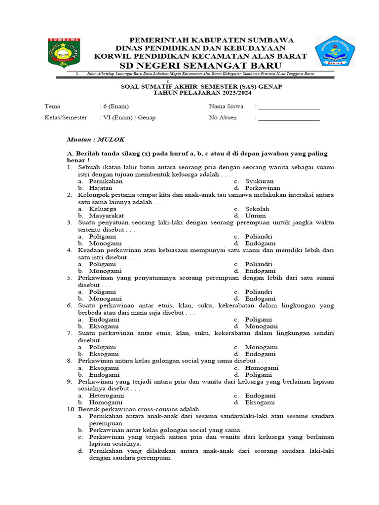 Soal Sas Mulok 2024 | PDF