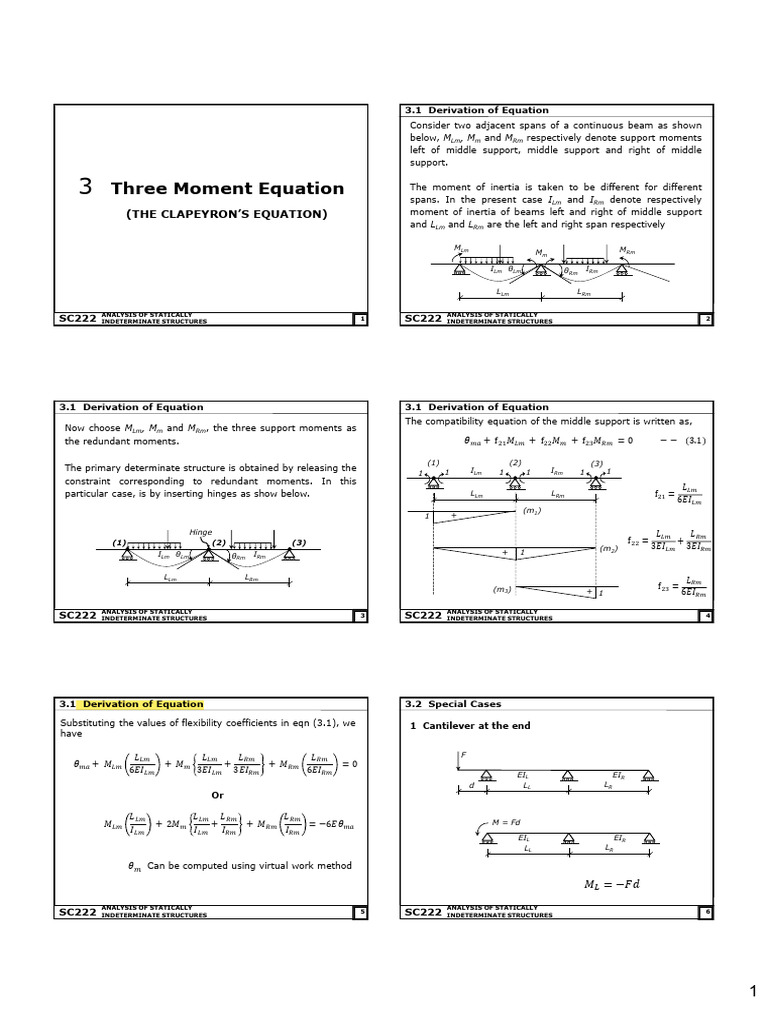 Three Moment Equation: (The Clapeyron'S Equation) | PDF | Bending | Solid Mechanics