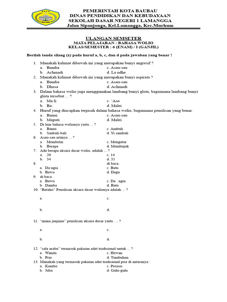 Soal Ulangan Bahasa Wolio Kelas 6 (Fixxx) | PDF