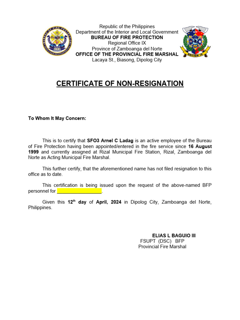 Certificate of Non-Resignation for SFO3 Ladag | PDF