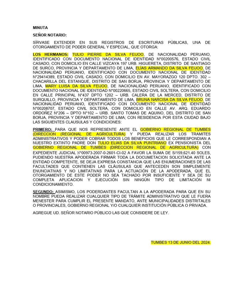 MINUTA DE PODER GENERAL Y ESPECIAL A LA SRA. BRUNA NARCISA DA SILVA ...