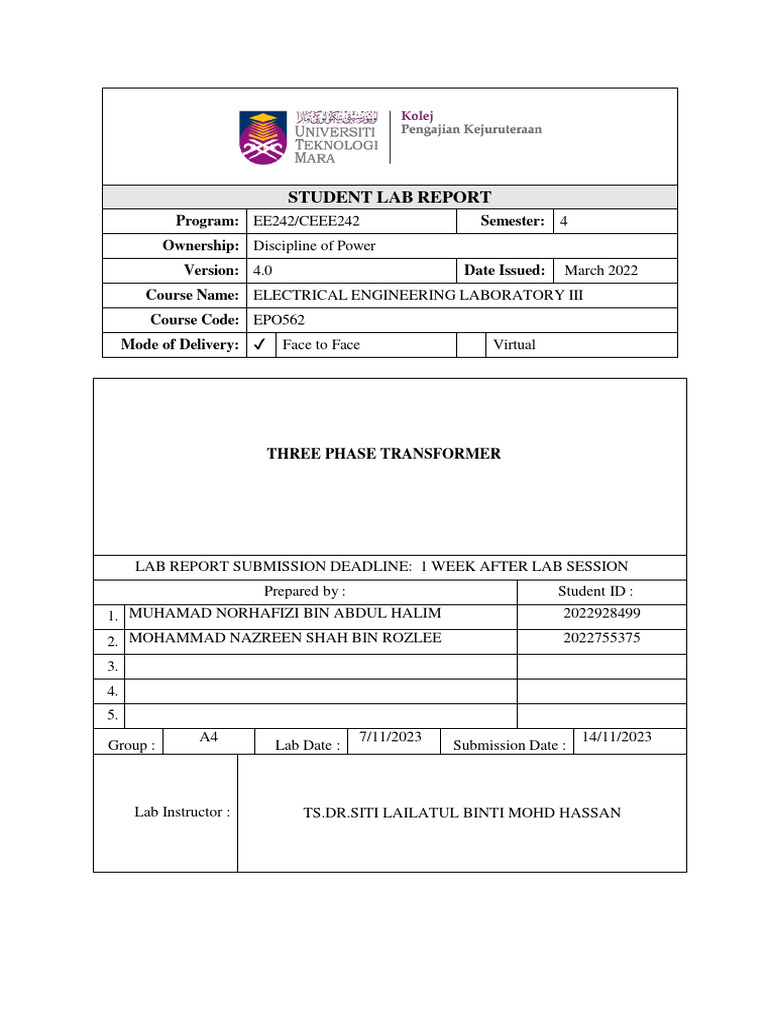 Three Phase Transformer Lab Report | PDF | Electrical Engineering