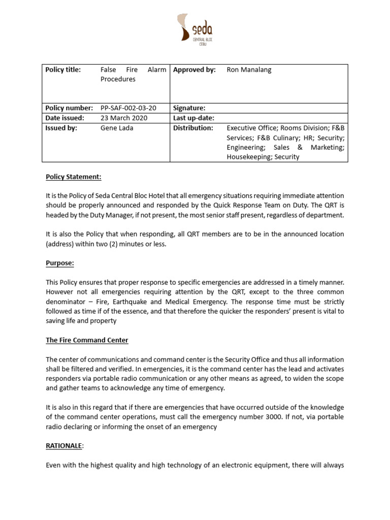 PP-SAF-002-03-20 False Fire Alarm Response Procedures | PDF | Emergency