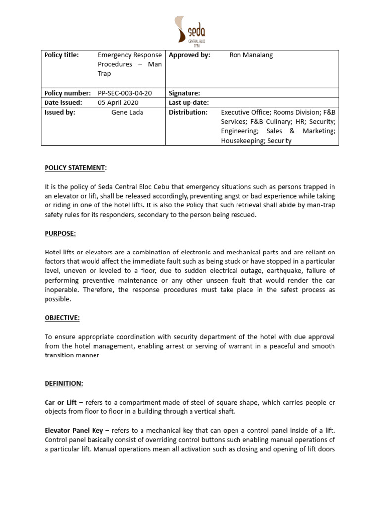 PP-SAF-003-04-20 Emergency Procedures Man Trap | PDF | Elevator | Transport