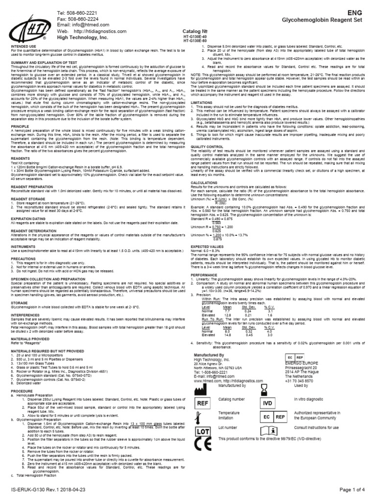 Glycohemoglobin Reagent Set | PDF | Glycated Hemoglobin | Blood