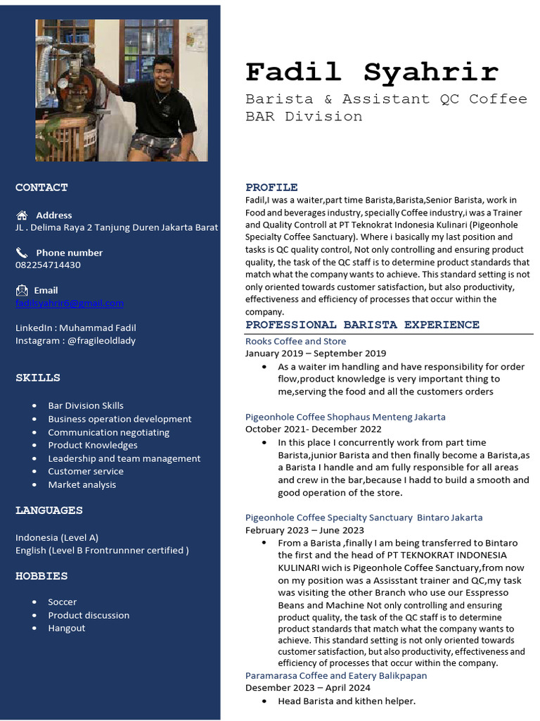 CV & Portofolio Barista Fadil Syahrir | PDF | Business Economics | Drink