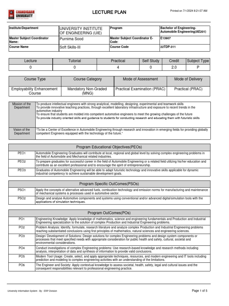 LecturePlan AE201 22TDP-311 | PDF | Engineering | Science