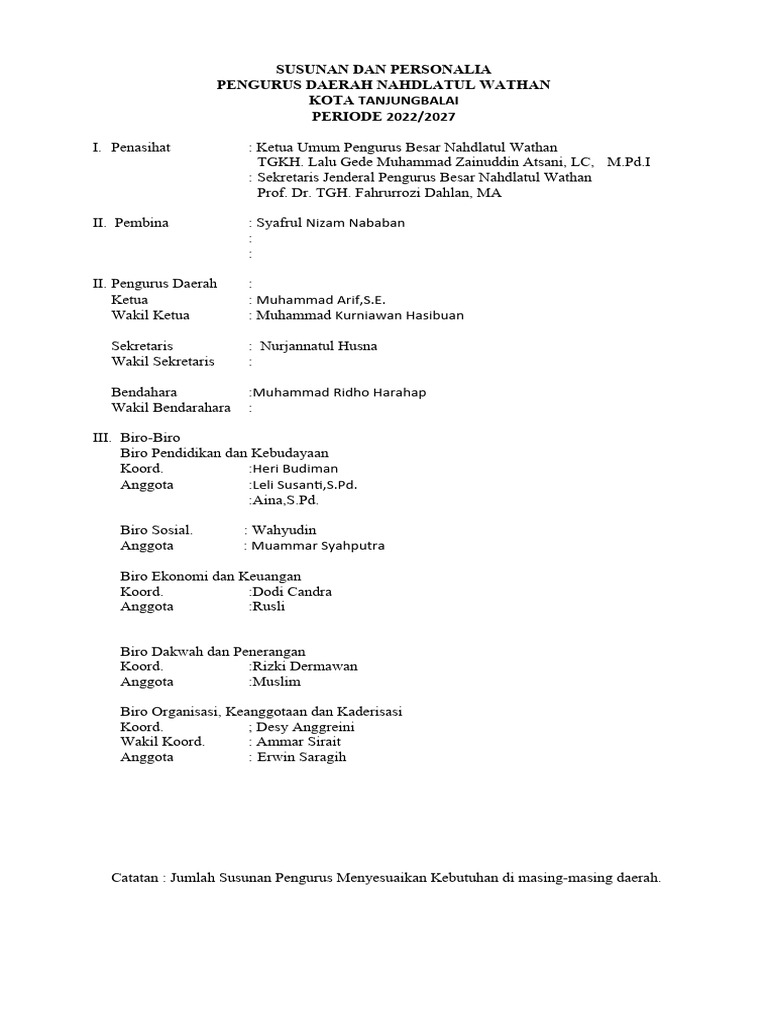Contoh SUSUNAN DAN PERSONALIA pengurus | PDF