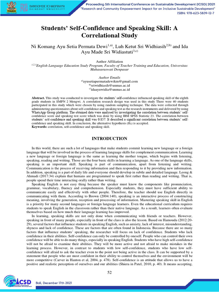 Students Self-Confidence and Speaking Skill A Correlational Study | PDF ...