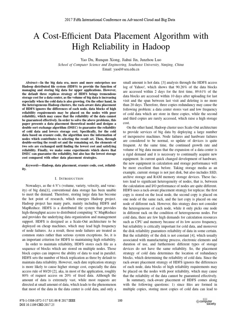 A Cost Efficient Data Placement Algorithm 2017 Pdf Apache Hadoop Computer Data Storage