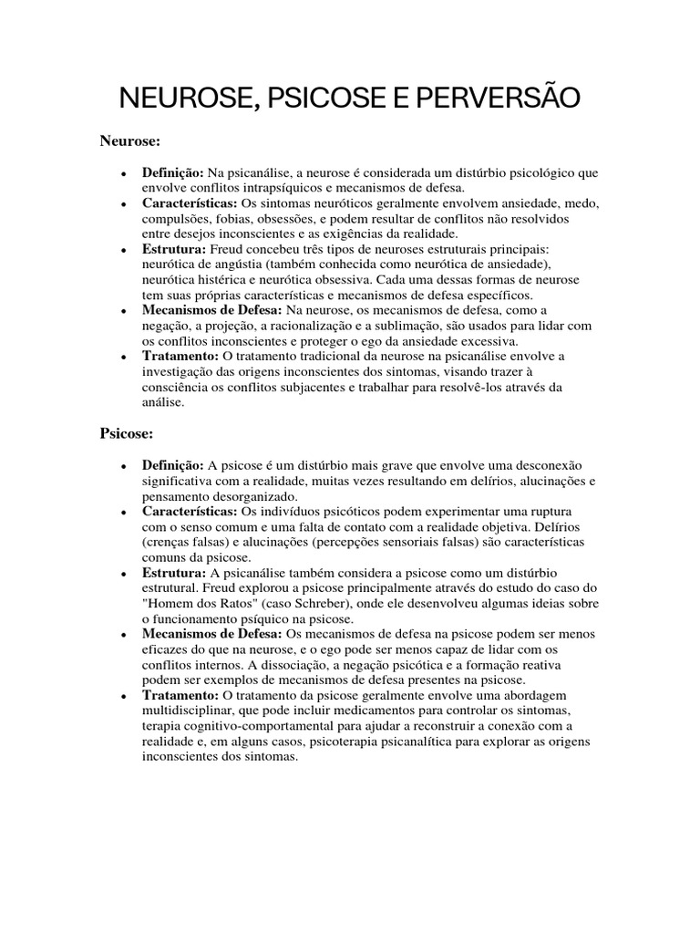 Neurose, Psicose e Perversão na Psicanálise | PDF | Psicanálise | Psicose