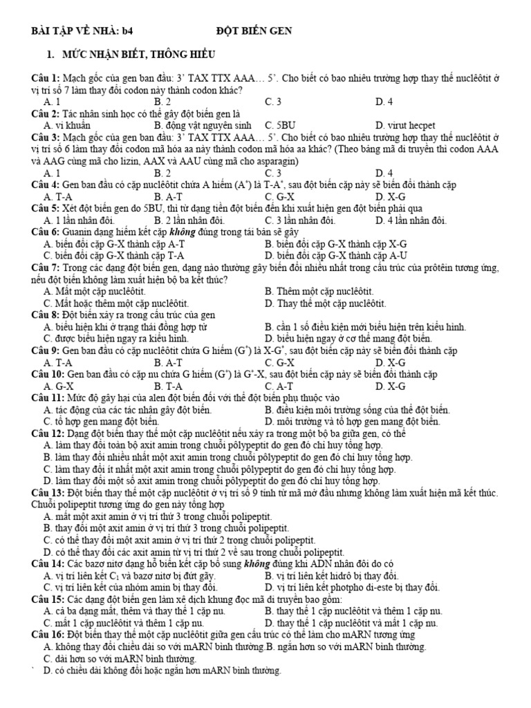 BTVN. b4. ĐỘT BIẾN GEN | PDF