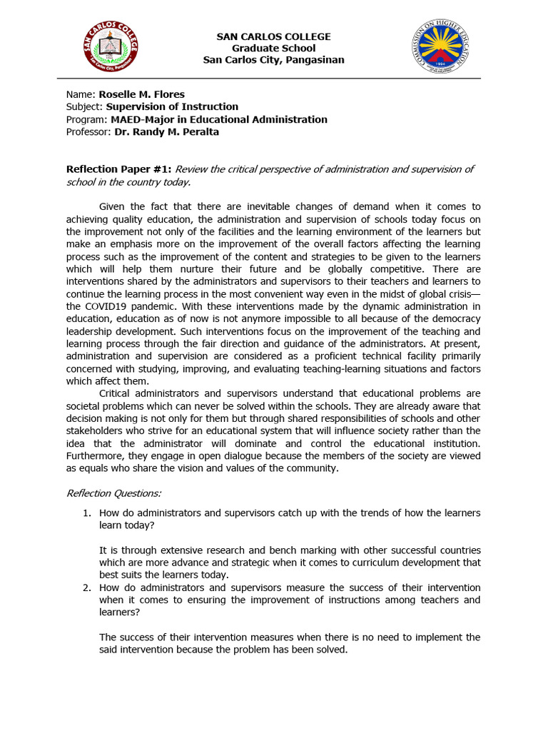 Reflection Paper | PDF | Curriculum | Leadership