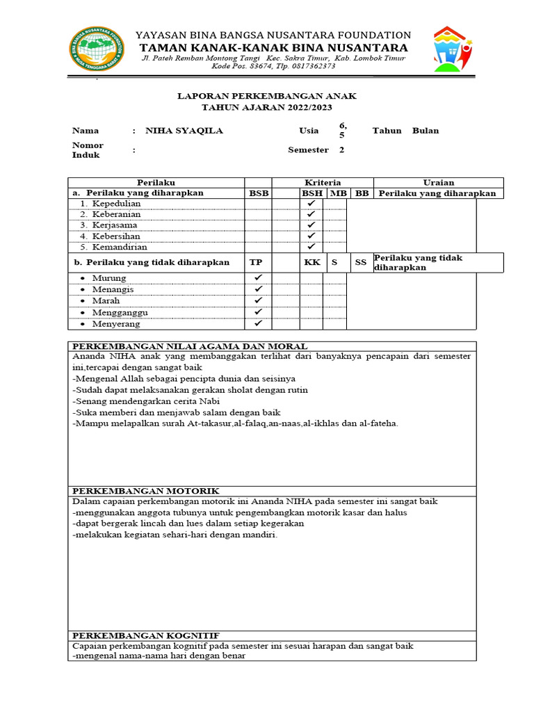 Rapor TK Bina Nusantara | PDF