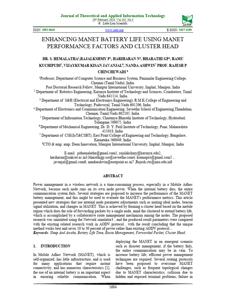 Enhancing Manet Battery Life Using Manet Performance Factors and Cluster Head | PDF | Wireless ...