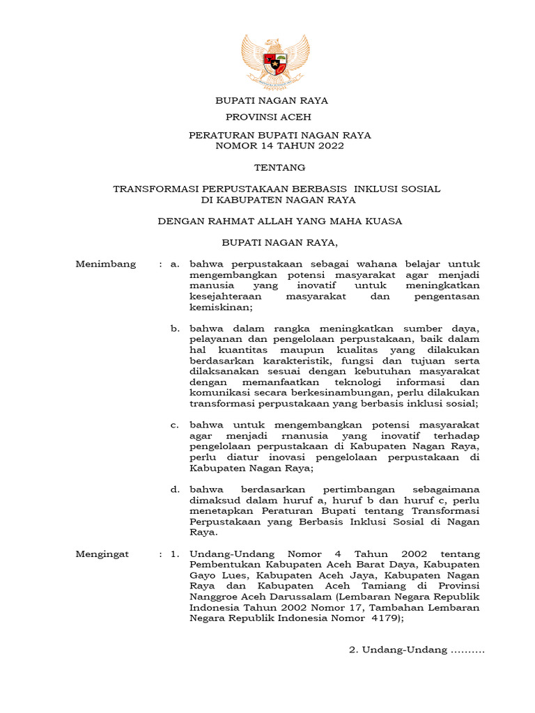 Perbup - Nagan - Raya - 14 - Tahun - 2022 TPBIS | PDF