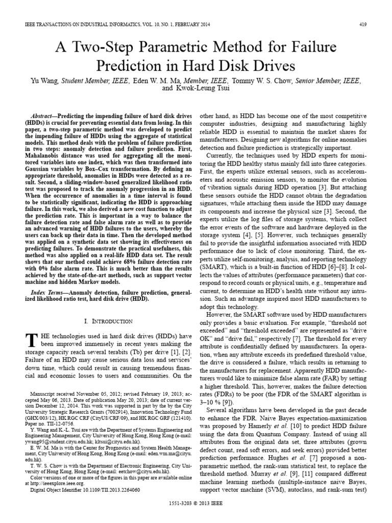 A Two Step Parametric Method For Failure Prediction in Hard Disk Drives | PDF | Receiver ...