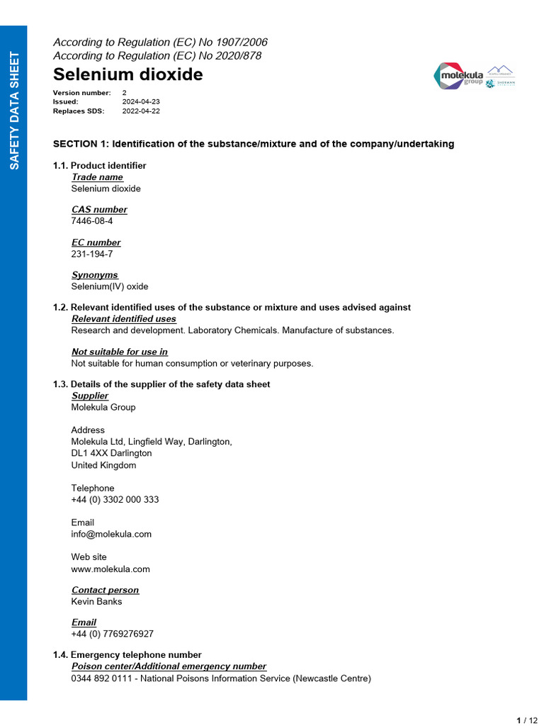 Safety Data Sheet - EN - (30100275) SELENIUM DIOXIDE (7446-08-4) | PDF ...