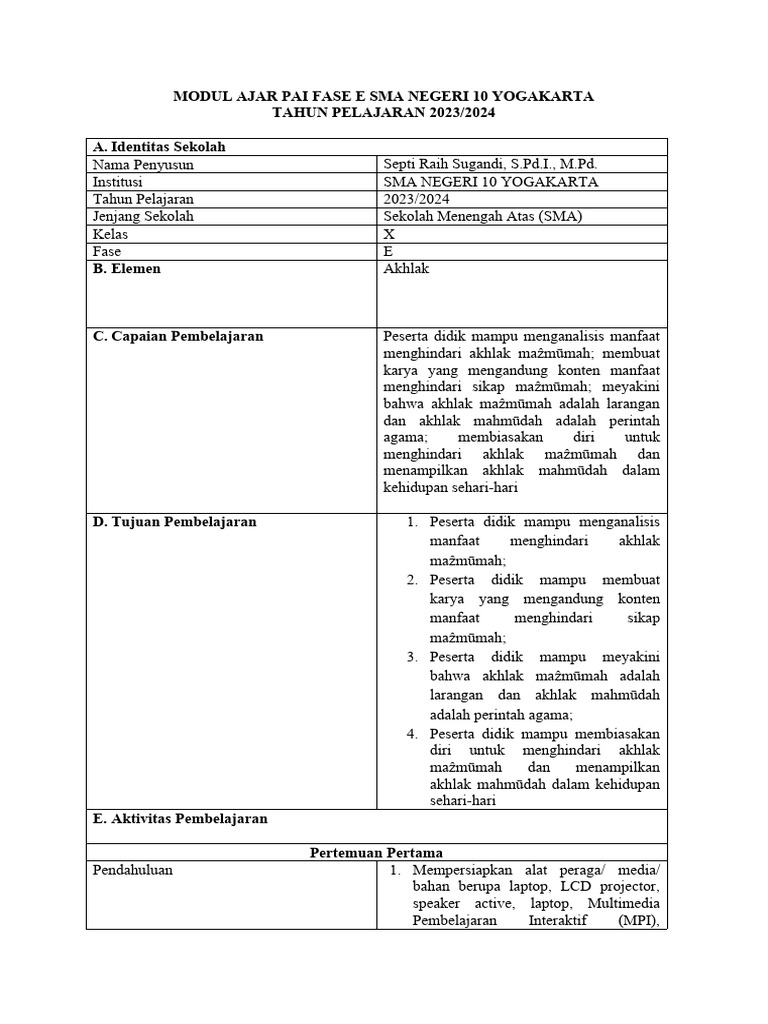 Modul Ajar Sma N 10 Yk Pai (Akhlak) | PDF
