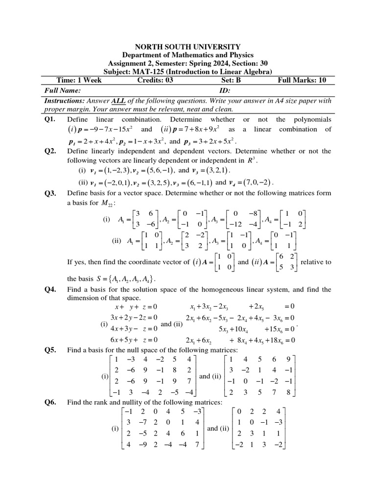 Linear Algebra Assignment Spring 2024 | PDF | Eigenvalues And Eigenvectors | Functions And Mappings